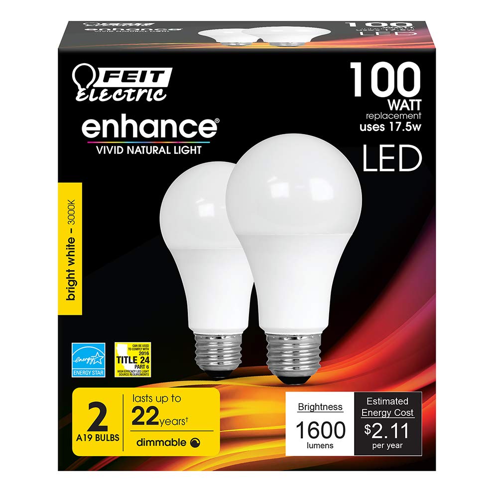 Feit Electric A19 100W Equivalent LED Light Bulbs, Dimmable LED Bulbs, 3000k Bright White, 1600 Lumens, 22 Year Lifetime, CRI90, UL Listed, 12 Pack, OM100DM/930CA/2/6