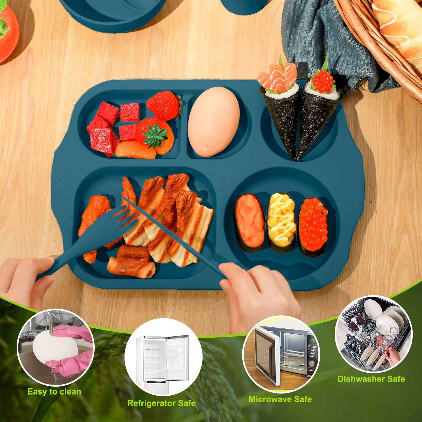 Honoson 24 Pcs Wheat Straw Dinnerware Cutlery Set Including Divided Plates Microwave Dishwasher Safe Bowl Unbreakable Tableware Straw Cutlery Spoon Knife Fork Cup(Bright Color)