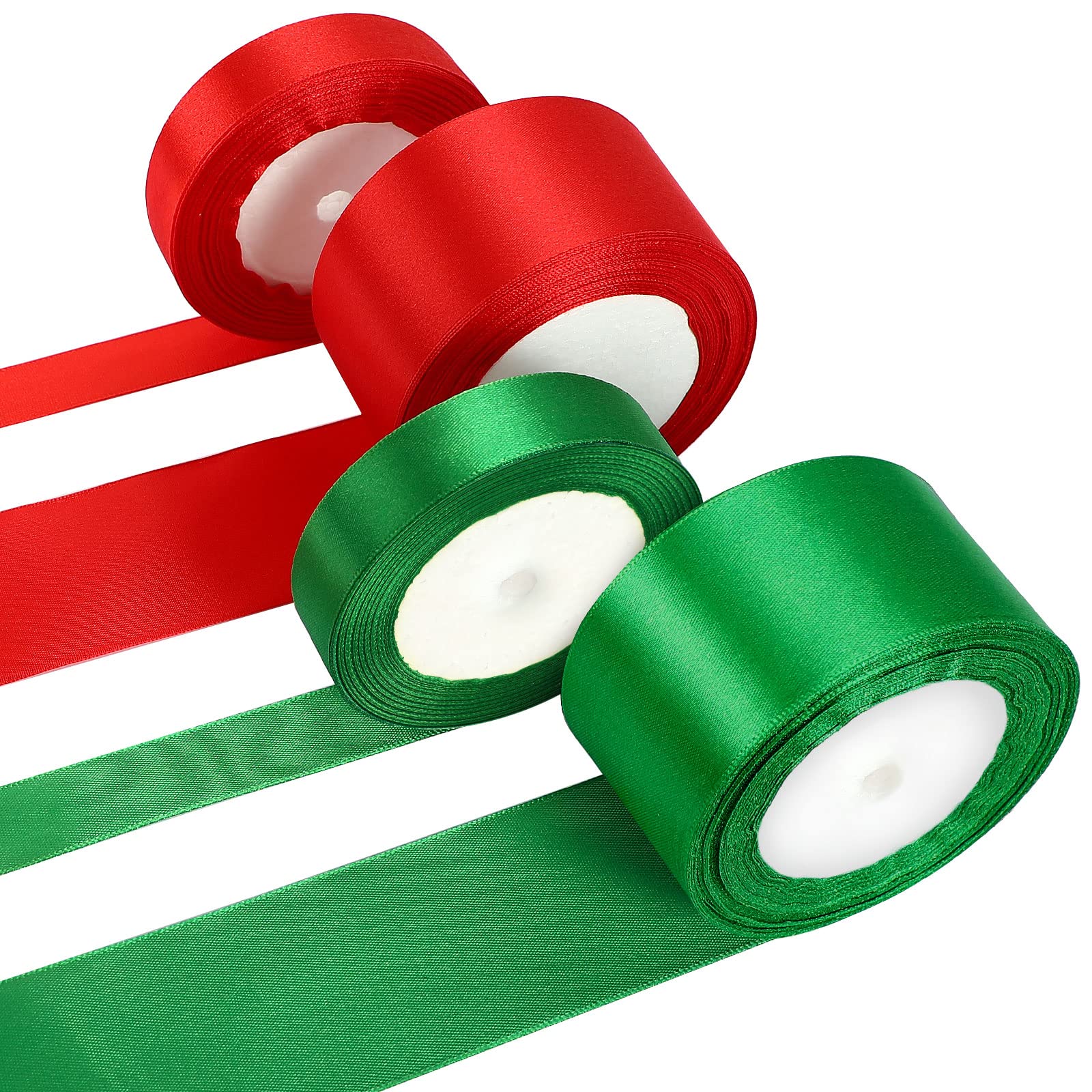 FEBSNOW 4 Rolls 100 Yards Christmas Ribbon,0.8 Inch and 2 Inch Wide Holiday Red Green Satin Ribbons for Xmas Gifts Wrapping and Craft Decoration