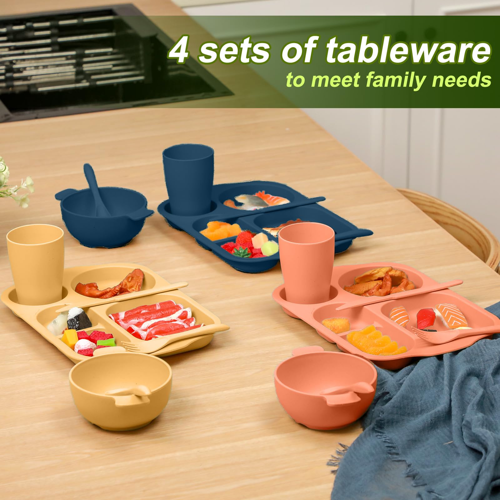 Honoson 24 Pcs Wheat Straw Dinnerware Cutlery Set Including Divided Plates Microwave Dishwasher Safe Bowl Unbreakable Tableware Straw Cutlery Spoon Knife Fork Cup(Bright Color)