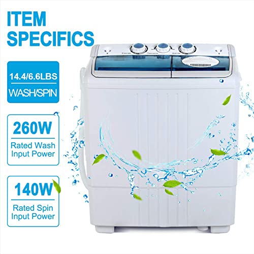 Mini Compact Washing Machine, Anpuce Portable Tub Laundry Washer 21lbs Washer(14.4Lbs) and Spinner(6.6Lbs), Cycle Combo Built-in Drain Pump/Semi-Automatic, for Camping, Apartments, Dorms, College Rooms, RV’s White&Blue