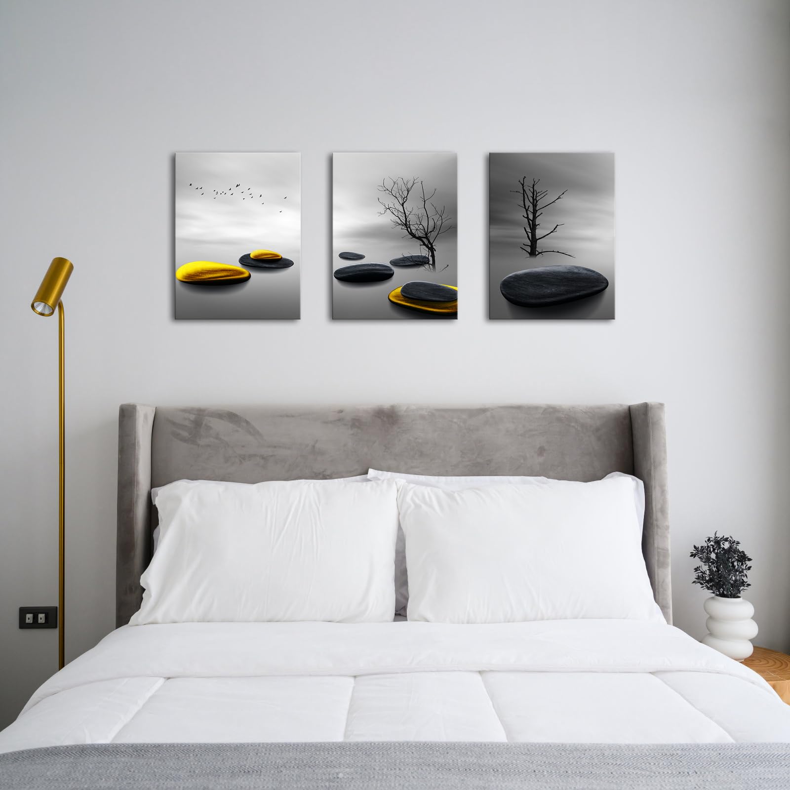 MLOML 3Pcs Modern Bathroom Yellow Gray Wall Art Picture Balance Stone Pebble Canvas Print Black and White Tree Zen Artwork Wall Decor for Office Bedroom 12x16 inchx3