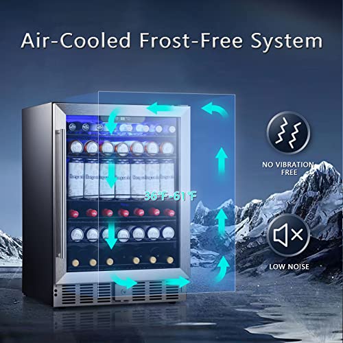 Antarctic Star 5.1 Cu.Ft Beverage Refrigerator- Wine Cooler Low Noise Transparent Glass Door LED Light Stainless Steel Efficient Cooling System with a Lock 115V 60Hz for Home and Bar 24inch, Silver