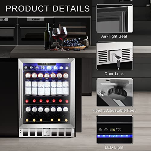 Antarctic Star 5.1 Cu.Ft Beverage Refrigerator- Wine Cooler Low Noise Transparent Glass Door LED Light Stainless Steel Efficient Cooling System with a Lock 115V 60Hz for Home and Bar 24inch, Silver