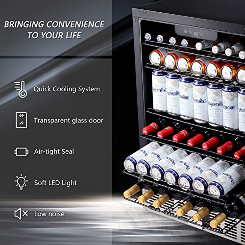 Antarctic Star 5.1 Cu.Ft Beverage Refrigerator- Wine Cooler Low Noise Transparent Glass Door LED Light Stainless Steel Efficient Cooling System with a Lock 115V 60Hz for Home and Bar 24inch, Silver