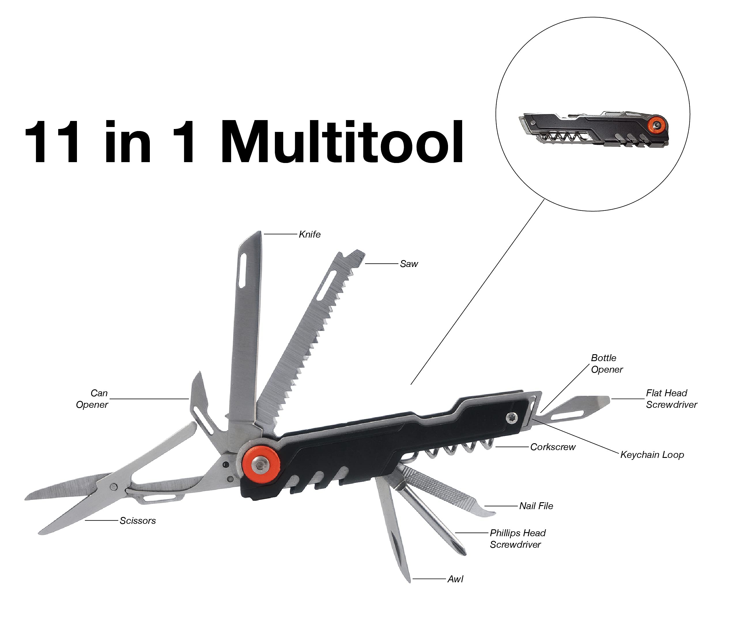 AceCamp 11-in-1 Compact Multi-Tool Pocket Knife, Blade, Saw, Scissors, Corkscrew, Nail File, Screwdrivers, Small Pick, Thread Loop, Bottle and Can Opener