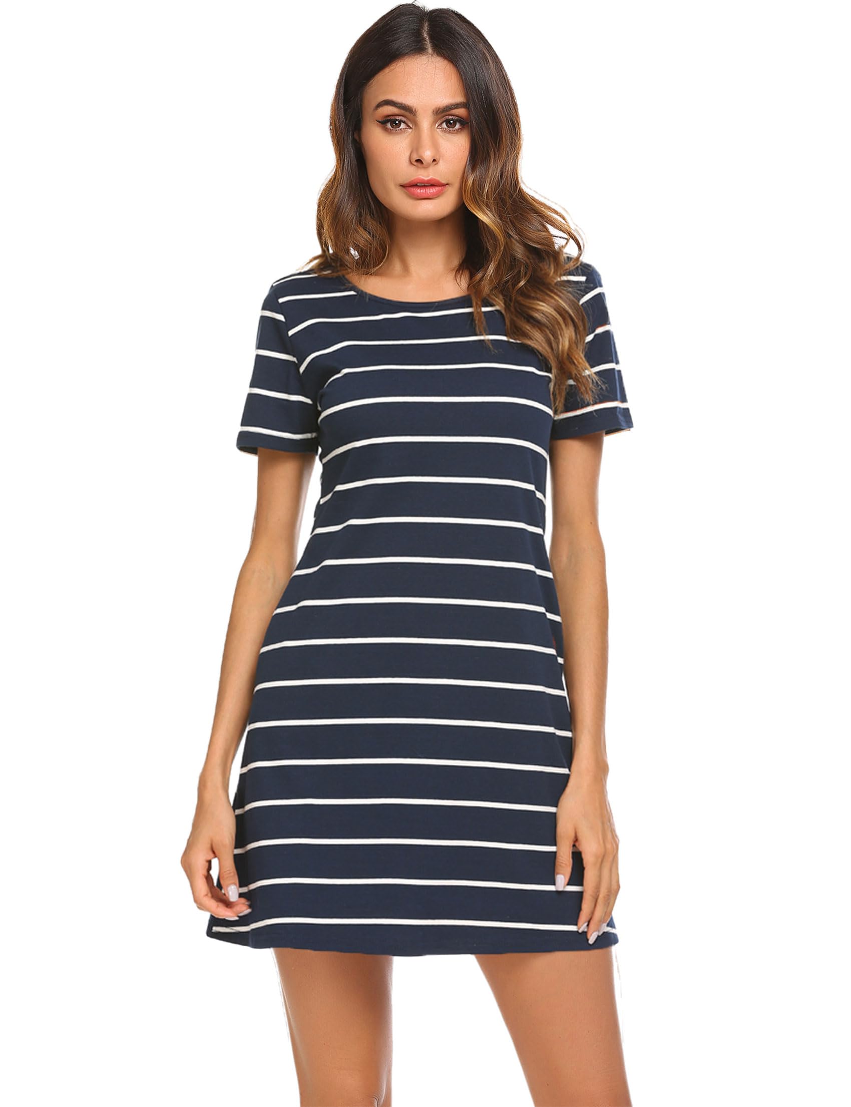 Feager Women's Casual Striped Criss Cross Short Sleeve T Shirt Mini Dress with Pockets Blue L