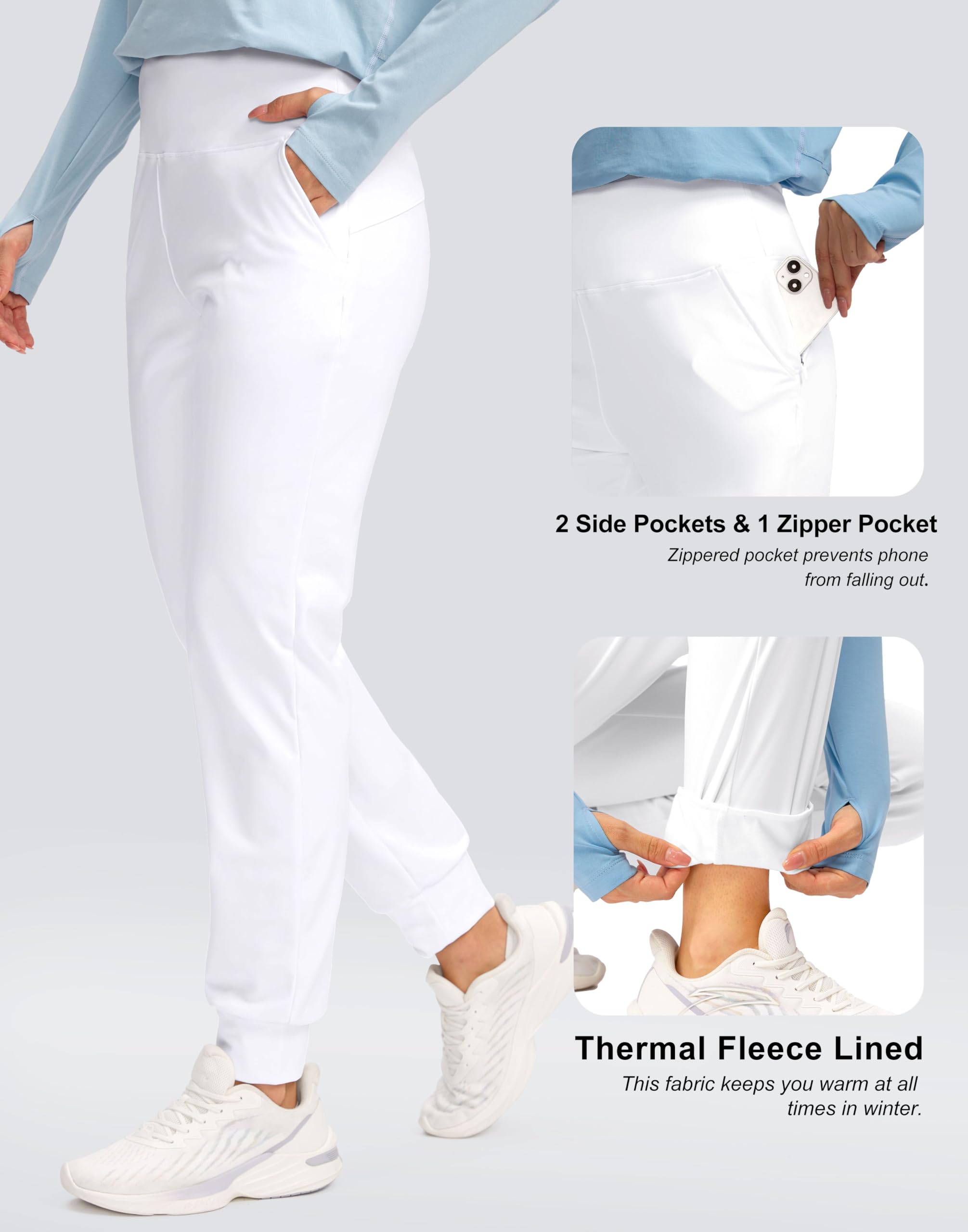 SANTINY Women's Fleece Lined Joggers Water Resistant High Waisted Thermal Sweatpants Winter Pants Hiking Running Pockets(White_M)