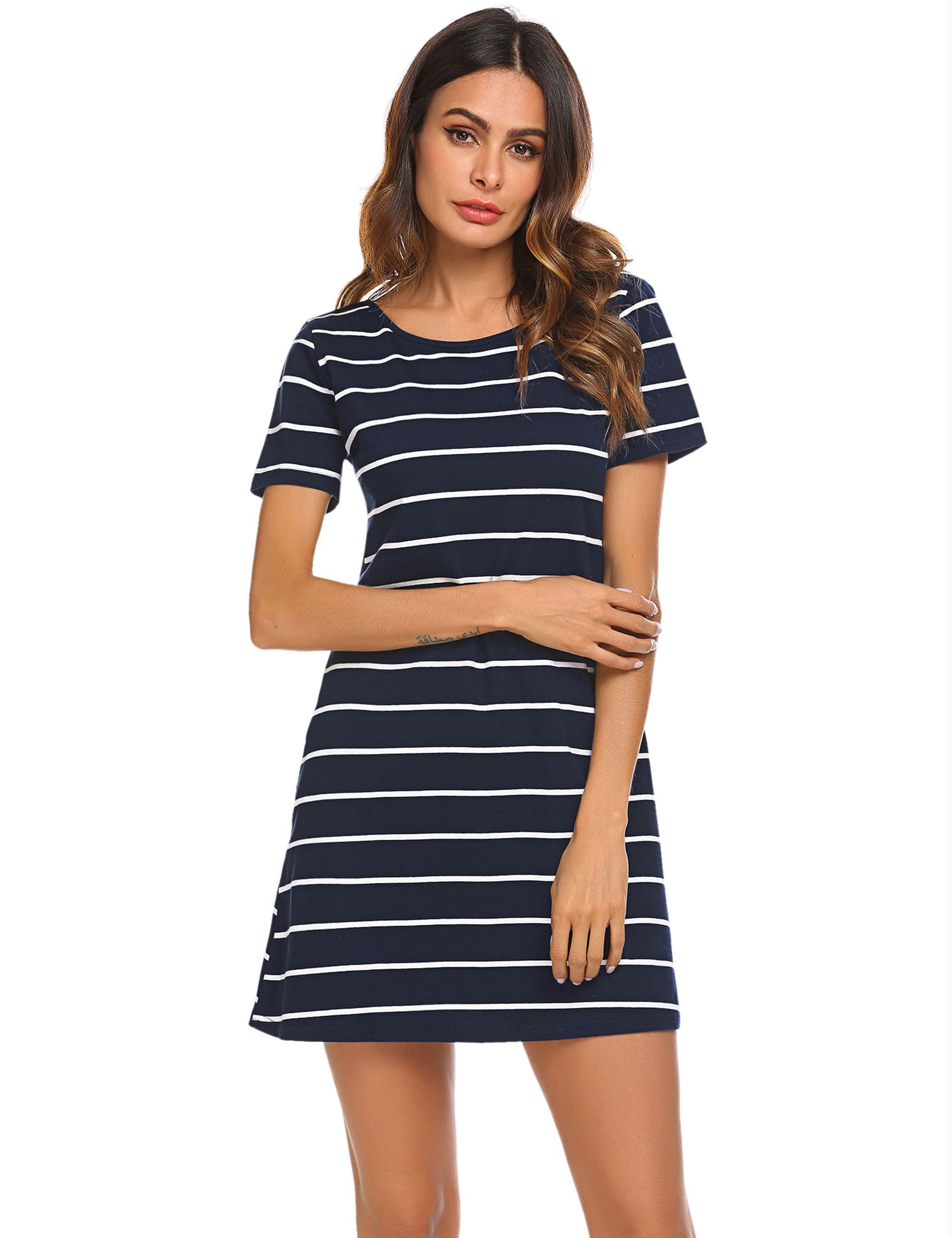 Feager Women's Casual Striped Criss Cross Short Sleeve T Shirt Mini Dress with Pockets Blue L