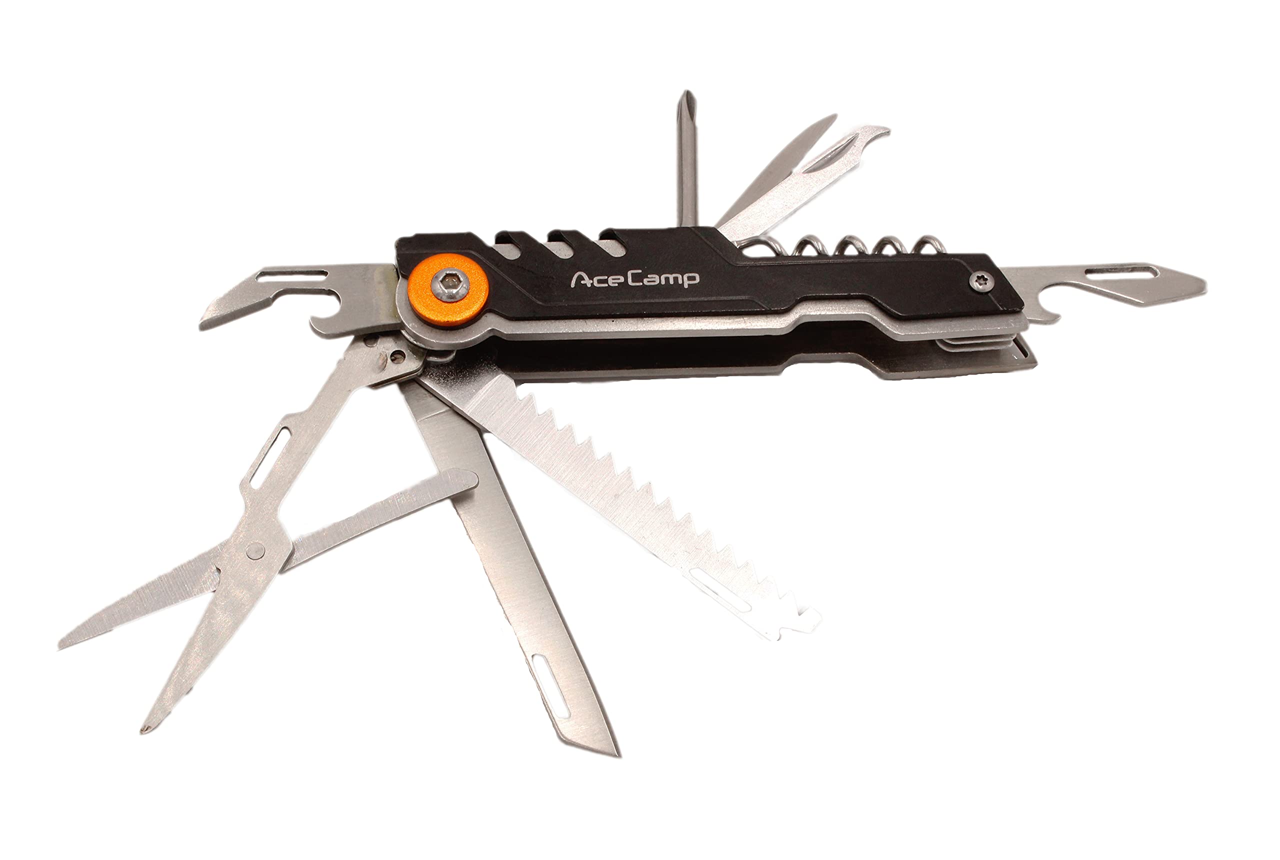 AceCamp 11-in-1 Compact Multi-Tool Pocket Knife, Blade, Saw, Scissors, Corkscrew, Nail File, Screwdrivers, Small Pick, Thread Loop, Bottle and Can Opener