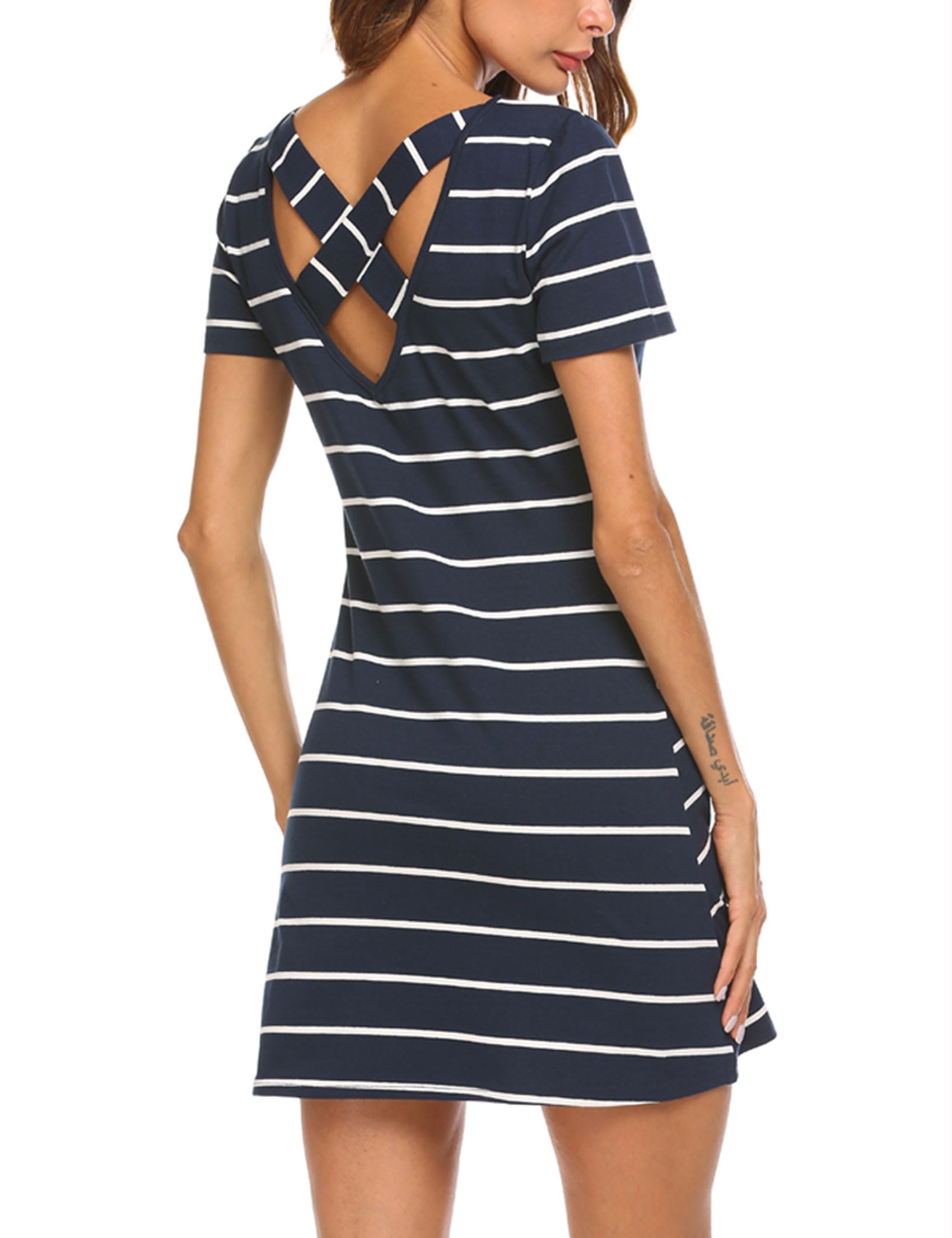 Feager Women's Casual Striped Criss Cross Short Sleeve T Shirt Mini Dress with Pockets Blue L