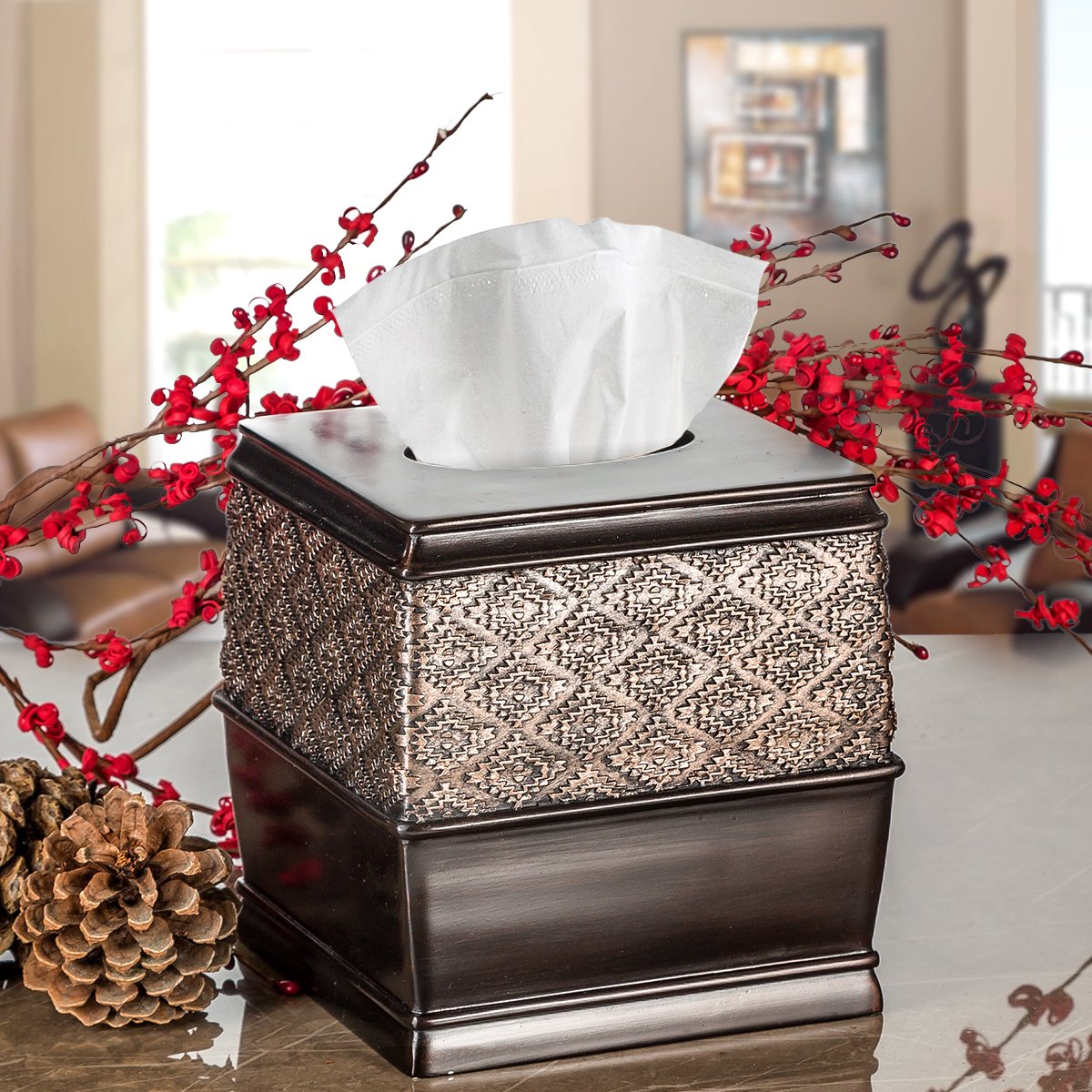 Creative Scents Dublin Brown Tissue Box Cover Square - Decorative Tissue Holder for Bathroom - Beautiful Brown Tissue Box Holder Vessel for Elegant Bathroom, Bedroom, Office Decor (Dublin Style)