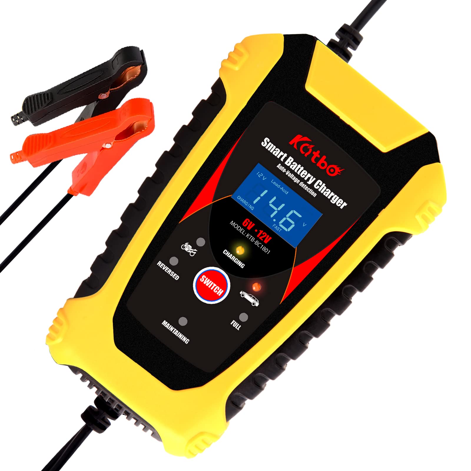 KATBO Battery Charger 12V 6A 6 Volt 2A Trickle Battery Charger Maintainer Float Charger for Motorcycle Car Boat Marine Lawn Mower ATV Toy Lead Acid,AGM, Gel,STD,SLA (Yellow)