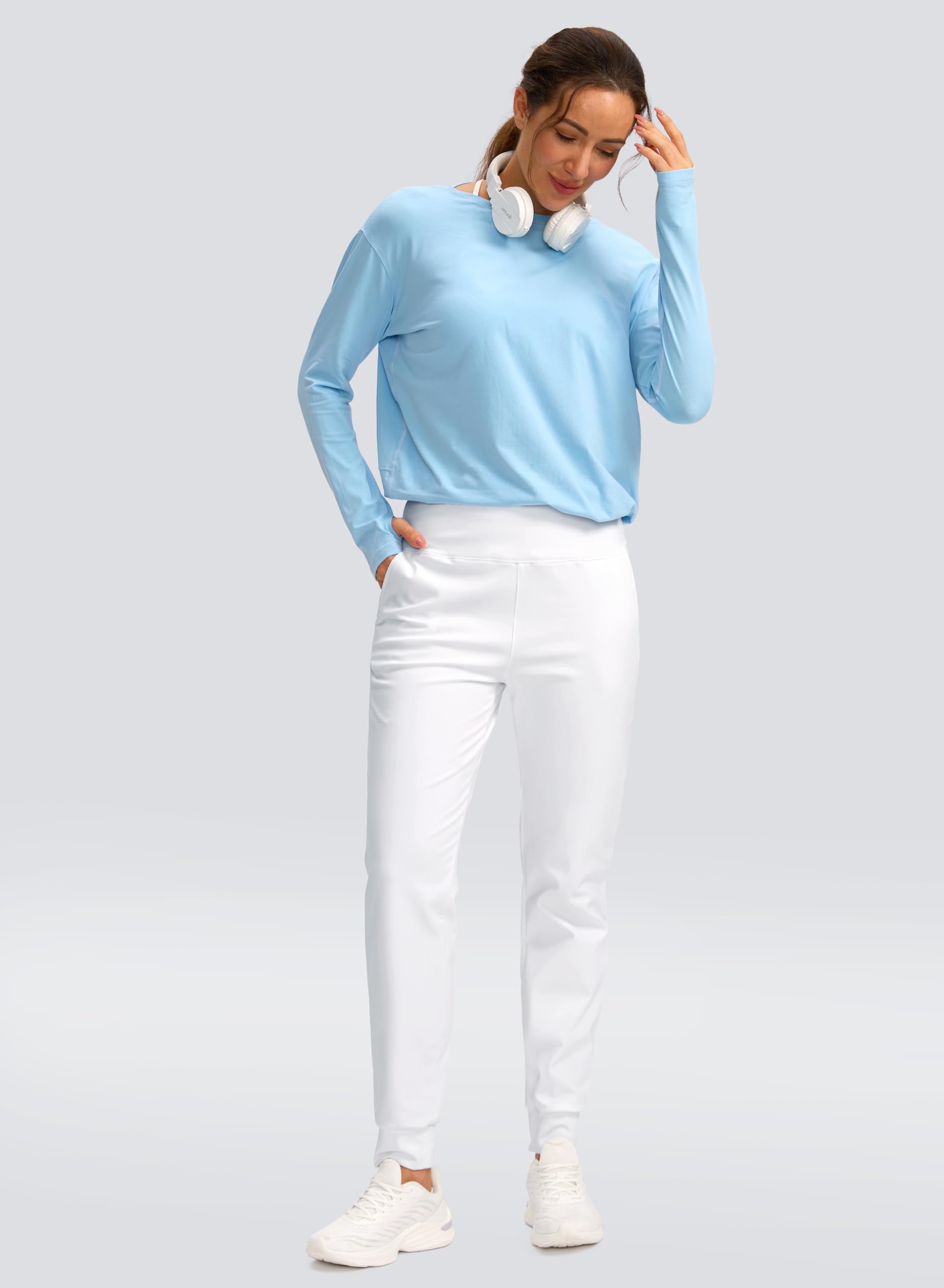 SANTINY Women's Fleece Lined Joggers Water Resistant High Waisted Thermal Sweatpants Winter Pants Hiking Running Pockets(White_M)