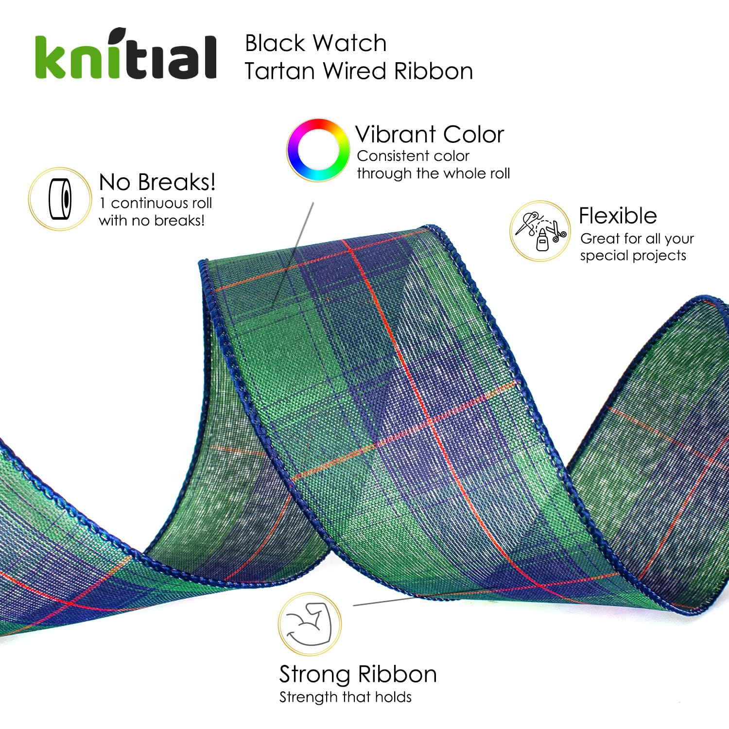 Knitial Tartan Plaid Ribbon 2-1/2" x 25 Yards Black Watch Ribbon with Wired Edges for Gift Wrapping, Crafts, and Decorations