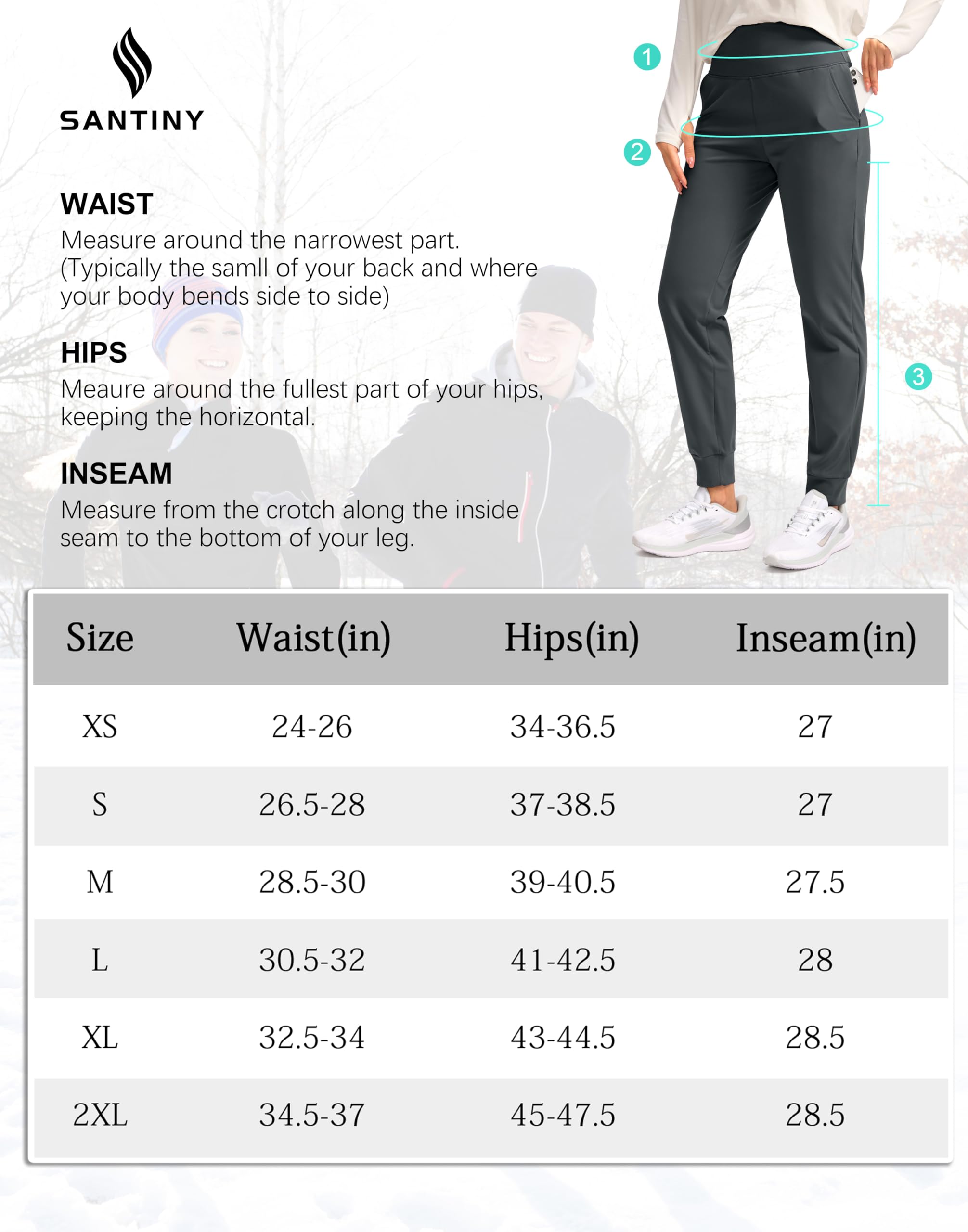 SANTINY Women's Fleece Lined Joggers Water Resistant High Waisted Thermal Sweatpants Winter Pants Hiking Running Pockets(White_M)