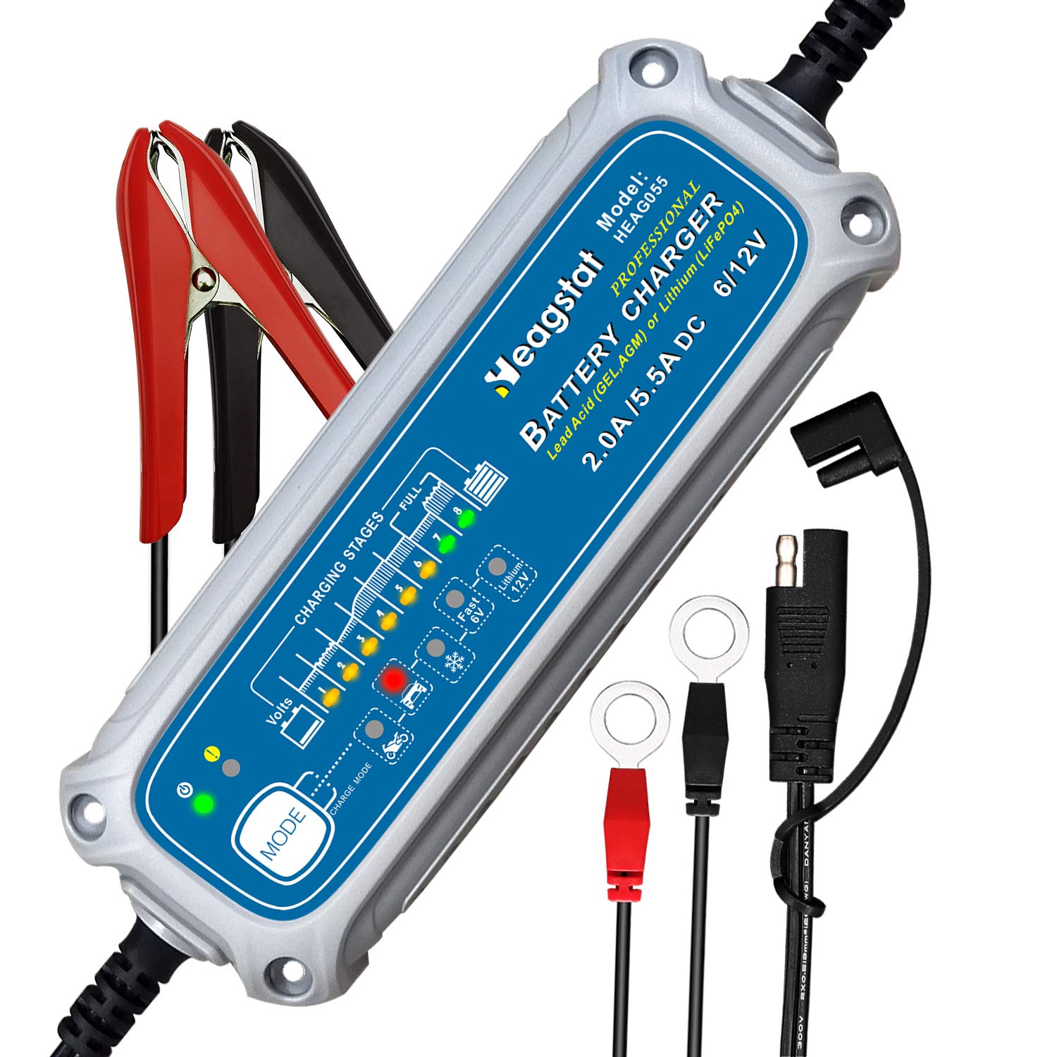 Heagstat 2/5.5A 6V/12V 8-Stages Automatic Battery Charger and Maintainer for Automotive Car Motorcycle Lawn Mower SLA ATV Boat AGM GEL CELL Lead Acid or 12V-Lithium(LiFePO4) Batteries With Winter Mode