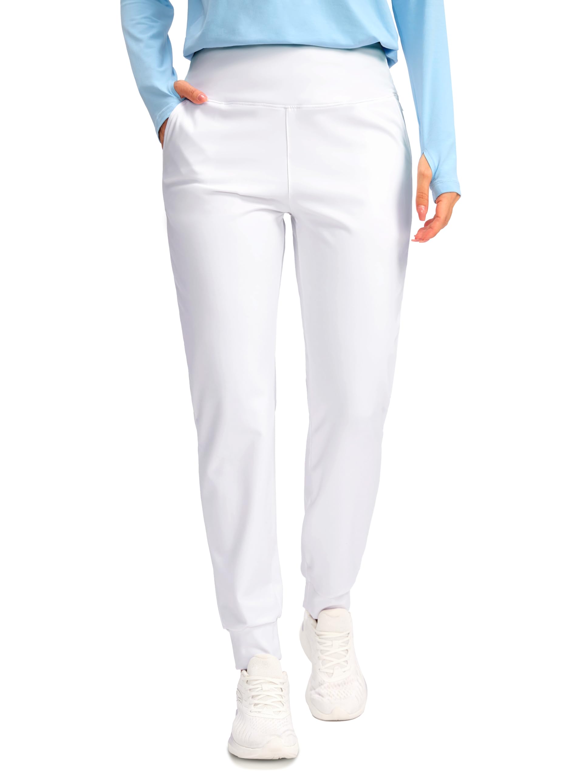 SANTINY Women's Fleece Lined Joggers Water Resistant High Waisted Thermal Sweatpants Winter Pants Hiking Running Pockets(White_M)