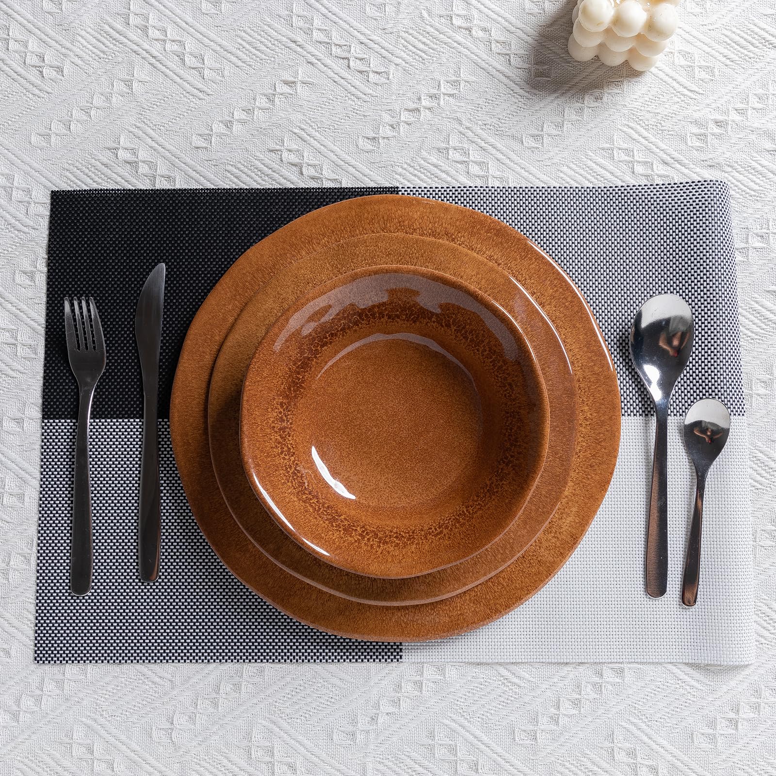 LEHAHA Brown Dishes Melamine Dinnerware Sets, 12 Piece Plates and Bowls Sets for 4, Unbreakable outdoor dishes dinnerware sets for Picnic, Camping and Eentertaining Dishes Set Service For 4