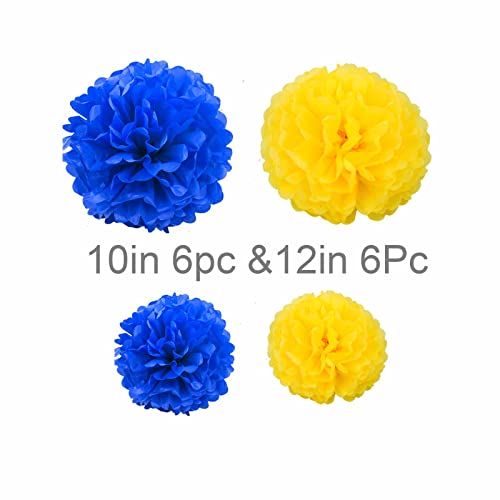 Navy Blue and Yellow Tissue Paper Pom Poms,Hanging Paper PomPoms Flower Ball Wedding Birthday Party Decoration (6Pcs 12in Pom Pom & 6Pcs 10in Pom Pom)