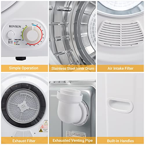 ROVSUN 110V Portable Clothes Dryer, High End Laundry Front Load Tumble Dryer Machine with Stainless Steel Tub & Simple Control Knob for Apartment, Dorm-850W, White