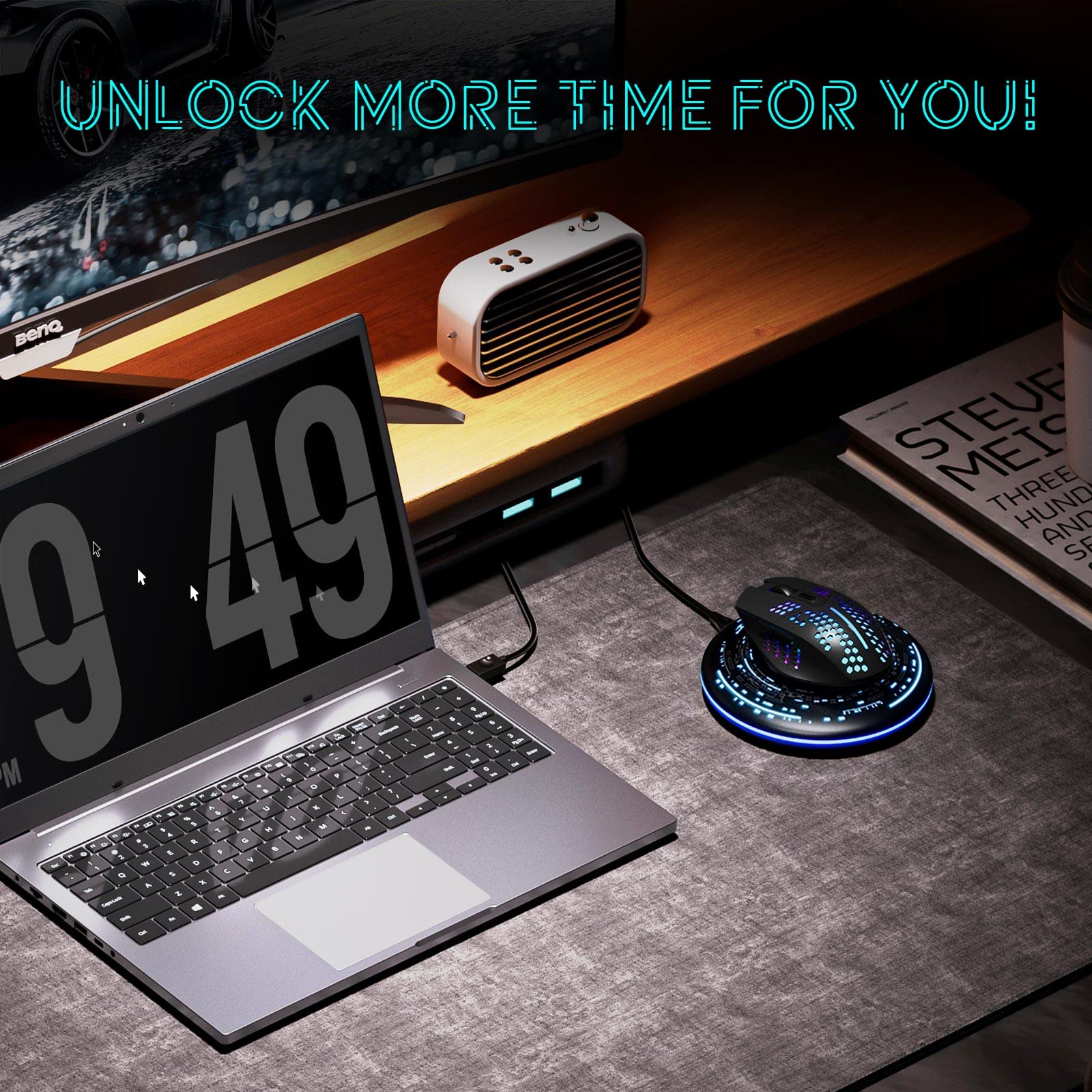 BNING Mouse Mover Device, RGB Breathing Light Mouse Jiggler Undetectable Mouse Shaker Simulator for Computer Laptop Awakening, Include USB C to USB Adapter & Charger (Black Magic Wheel)