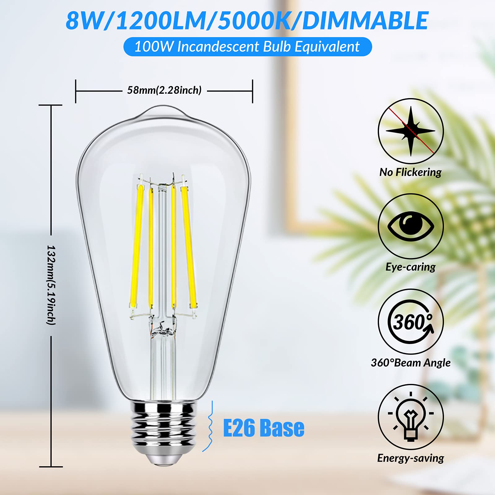 Dimmable Vintage LED Edison Light Bulbs 100W Equivalent, 8W ST58 Daylight White 5000K 1200Lumens ST19 Antique LED Filament Bulbs, E26 Base, Clear Glass, CRI90+, Great for Home Bathroom Kitchen(4 Pack)