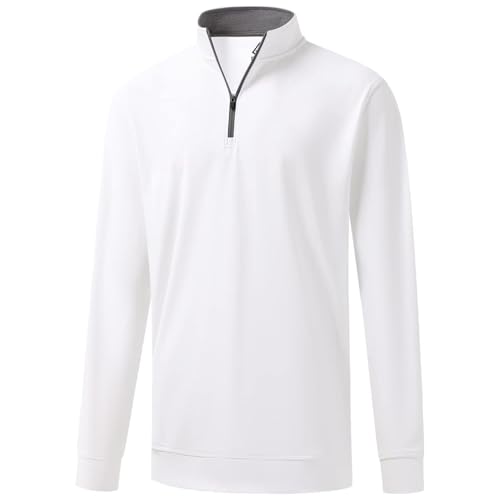 DEOLAX Mens Quarter Zip Pullover Solid 1/4 Zip Pullover Mens Athletic Long Sleeve Sweatshirt Mock Neck Golf Shirts for Men White