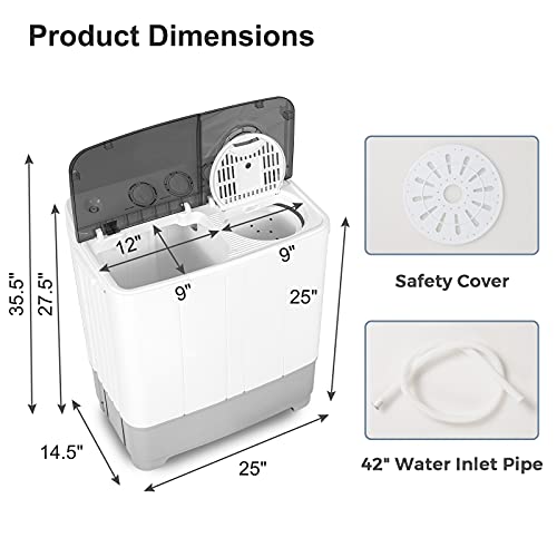 COSTWAY Portable Washing Machine, Twin Tub 22Lbs Capacity, Compact Washer(13.2Lbs) and Spinner(8.8Lbs) with Control Knobs, Built-in Drain Pump, Semi-Automatic Laundry washer for Apartment, RV (Grey)