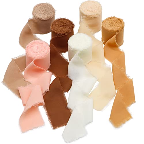 Chiffon Ribbon, 6 Rolls - 1.5 Inch x 6 Yard, Silk with Handmade Fringe for Gift Wrapping, Wedding Decorations, Bridal Bouquets - 6 Colors: White, Pink, Khaki, Camel, Apricot, Brown