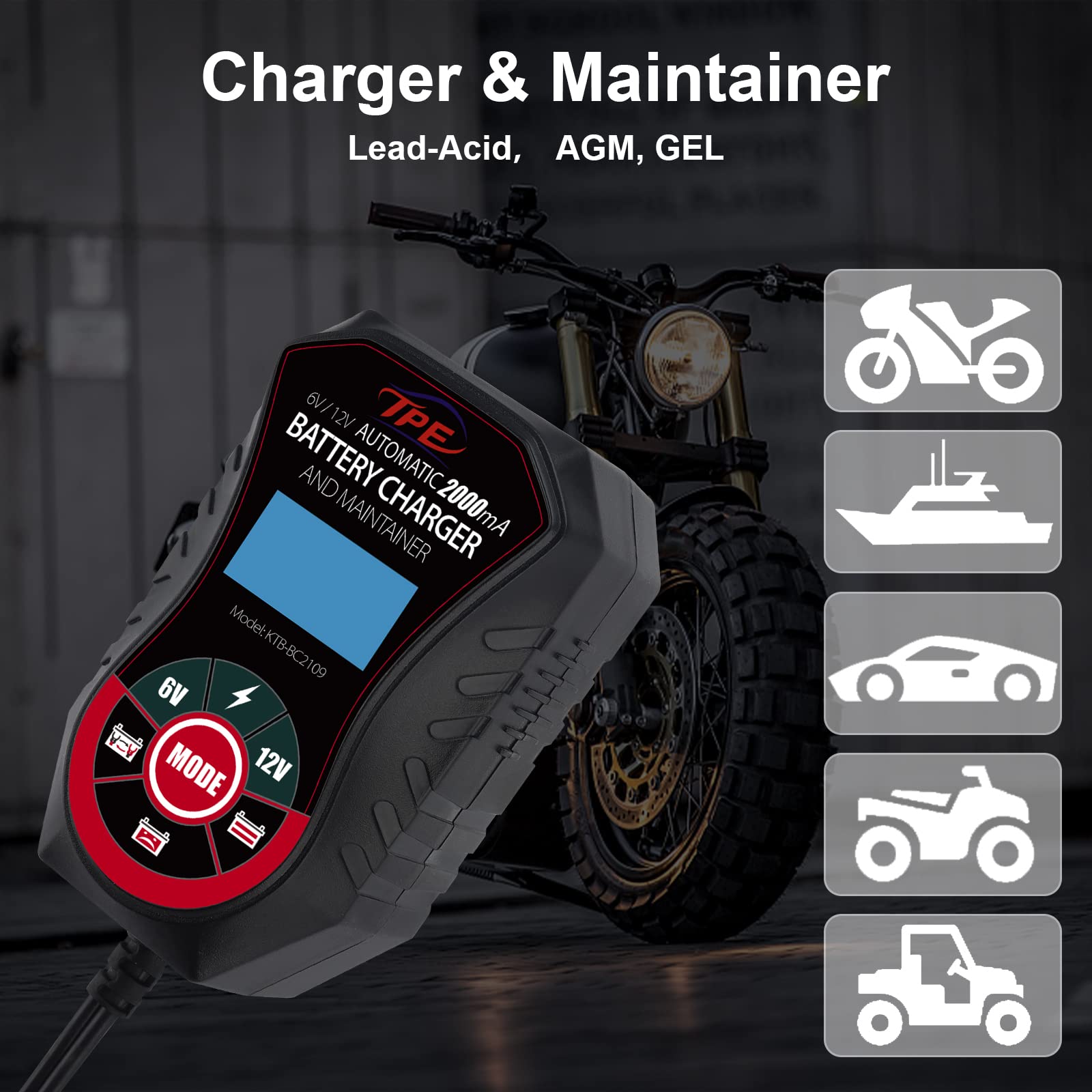 TPE Smart Battery Charger, 2 Amp Automatic Battery Charger 6V 12V Battey Charger Maintainer