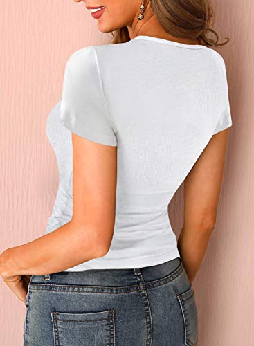 Dokotoo Women's Summer Scoop Neck Button Down Henley T-Shirt - Sexy Low Cut, Slim Fit, Short Sleeve, Casual Stretch Top - White, M