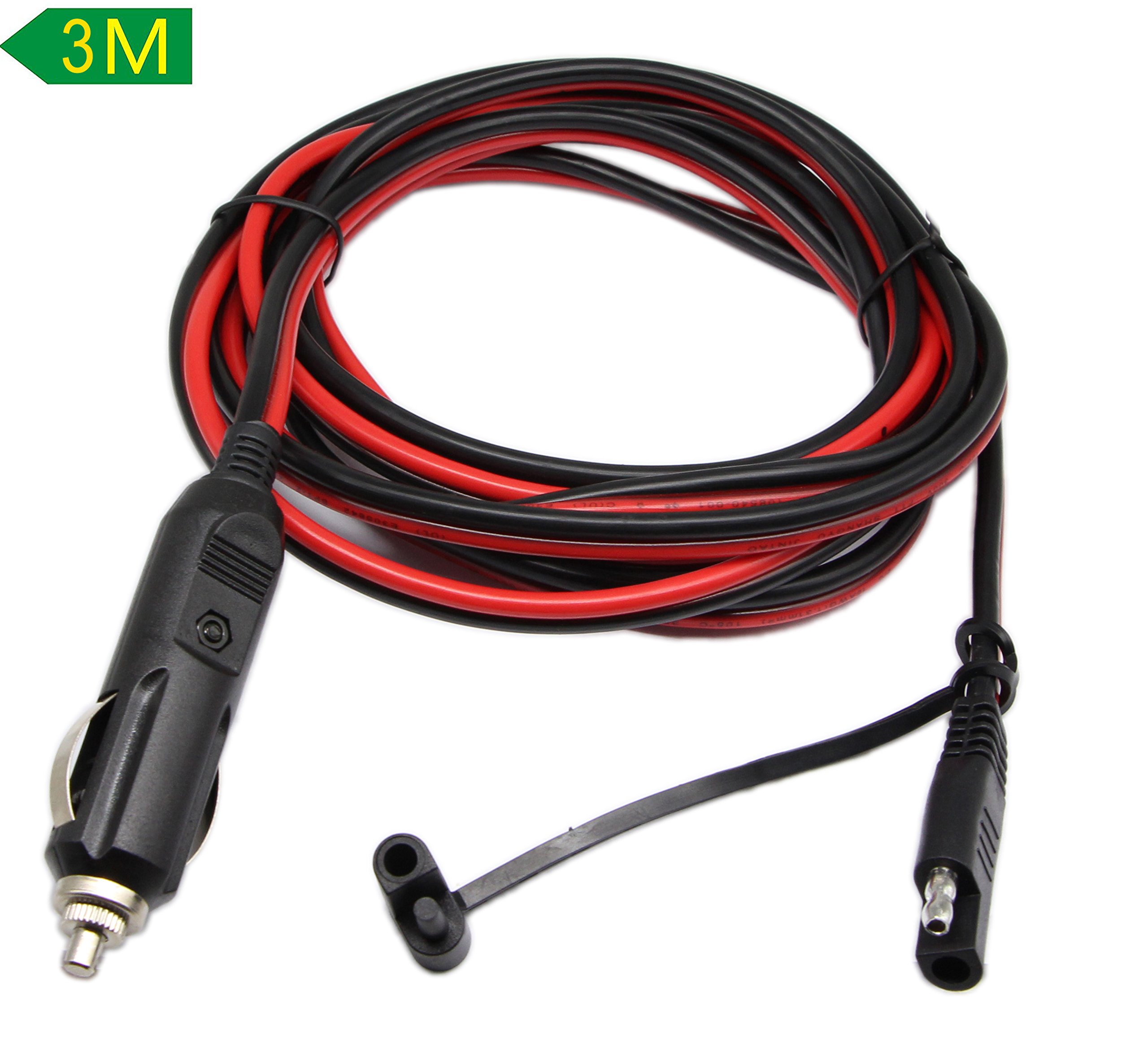 SinLoon Cigarette Lighter SAE Battery Charger Cable,12V 15A Cigarette Lighter Plug to Waterproof SAE Quick Release Adapter Extension Charging Cable with Fuse and LED Light(10FT,3 Meter)