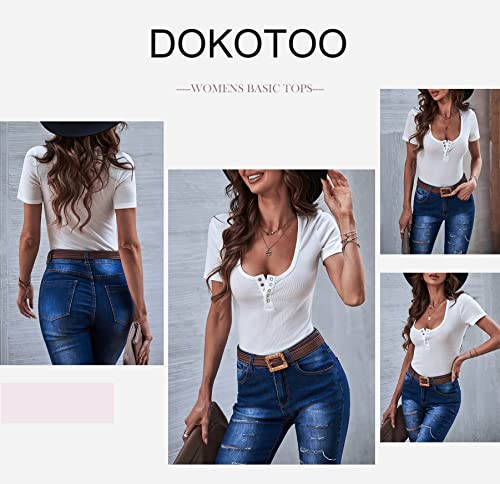 Dokotoo Women's Summer Scoop Neck Button Down Henley T-Shirt - Sexy Low Cut, Slim Fit, Short Sleeve, Casual Stretch Top - White, M
