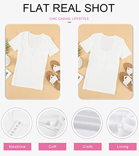 Dokotoo Women's Summer Scoop Neck Button Down Henley T-Shirt - Sexy Low Cut, Slim Fit, Short Sleeve, Casual Stretch Top - White, M