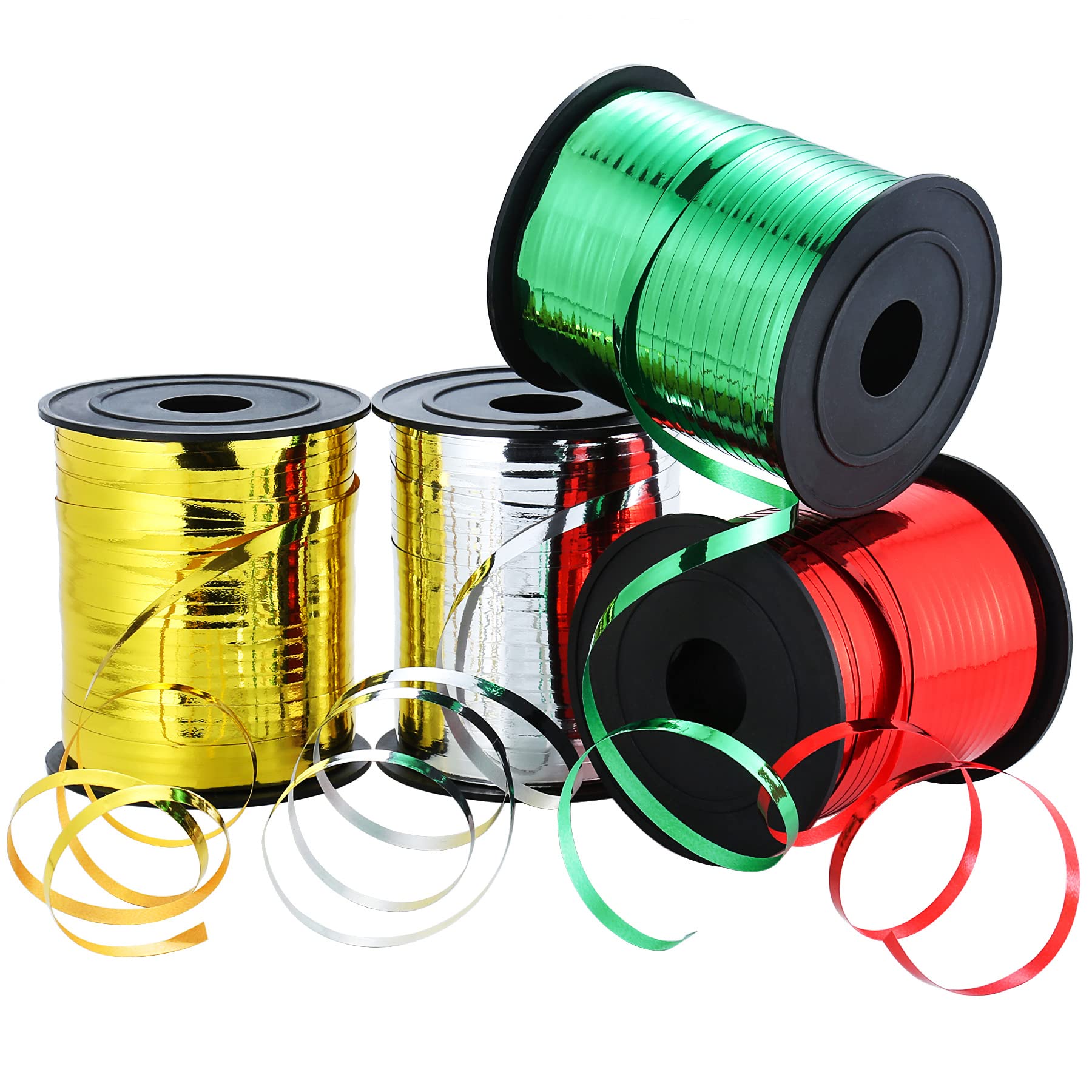 WHQXFDZ 880 Yards Christmas Curling Ribbon Metallic Gold Silver Red Green Shiny Cibbon Set Balloon String Metal Curly Ribbon for Christmas Gift Wrap Craft Holiday Decoration