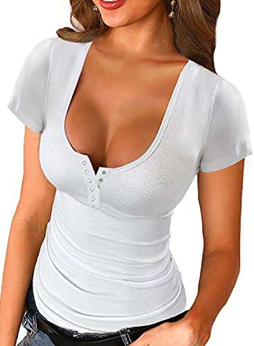 Dokotoo Women's Summer Scoop Neck Button Down Henley T-Shirt - Sexy Low Cut, Slim Fit, Short Sleeve, Casual Stretch Top - White, M