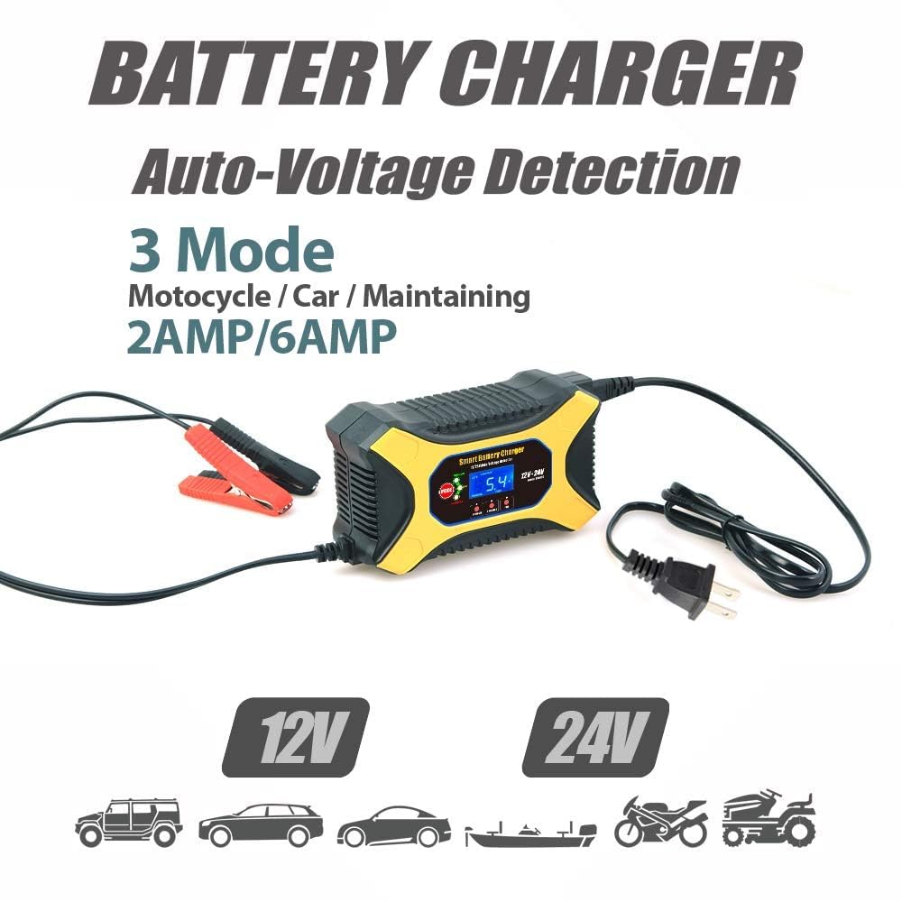 Katbo Battery Charger 12V 24V 6-Amp Auto-Voltage Detection Lead Acid Battery Float Charger Maintainer with LCD Display for Motorcycle Car