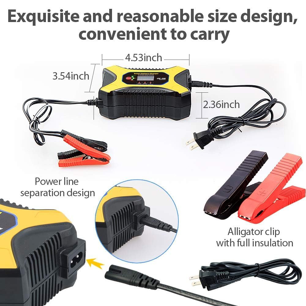 Katbo Battery Charger 12V 24V 6-Amp Auto-Voltage Detection Lead Acid Battery Float Charger Maintainer with LCD Display for Motorcycle Car