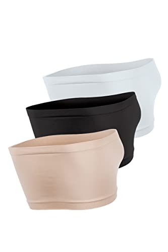Kurve Seamless Bandeau Tube top - UV Protective Fabric, Rated UPF 50+ (Non-Padded) Made in USA, Black/White/Pebble Set, Medium/Large