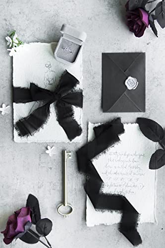 Kainonnan 3 Rolls Black Silk Ribbon Chiffon Ribbon Handmade Fringe Ribbon 1.5" x 7Yd Ribbon for Gift Wrapping Wedding Invitations Wedding Bouquets Decor (Black)