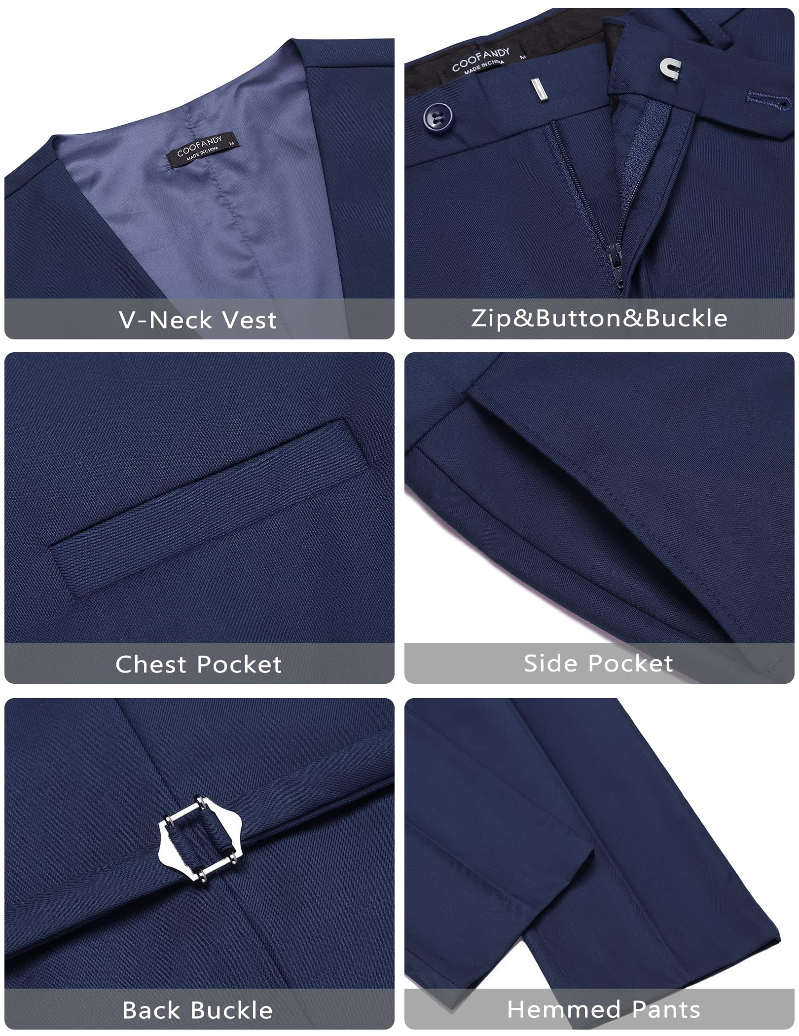 COOFANDY Mens 3-Piece Suit Slim Fit Tuxedo Set Dinner Suit Dinner Jacket Navy Blue XXL