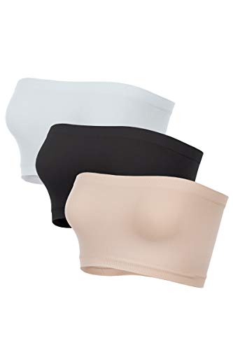 Kurve Seamless Bandeau Tube top - UV Protective Fabric, Rated UPF 50+ (Non-Padded) Made in USA, Black/White/Pebble Set, Medium/Large