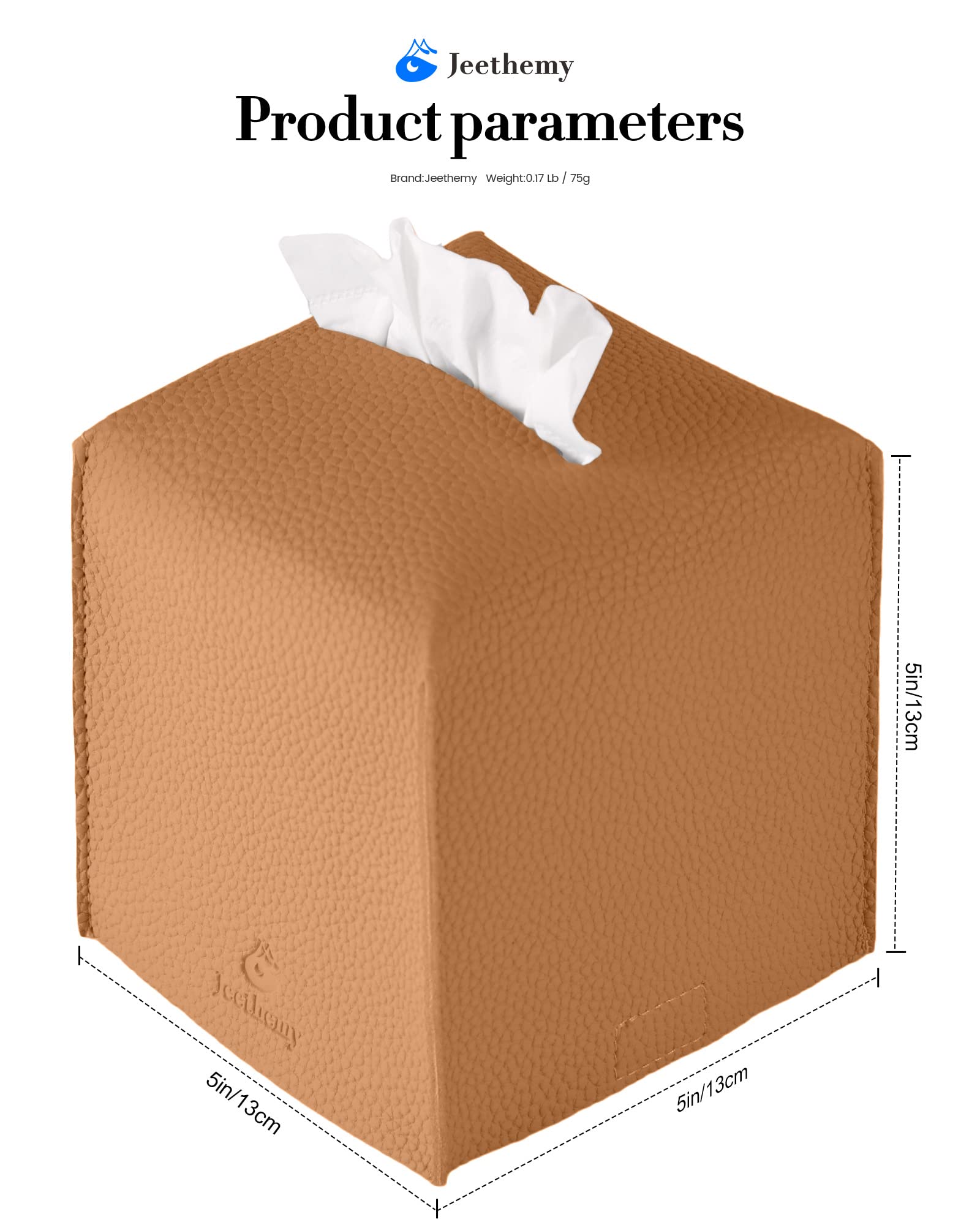 Tissue Box Cover, Jeethemy Square PU Leather Tissue Box Holder, Modern Tissue Case Facial Paper Organizer Dispenser,5X5X5'',Single Brown