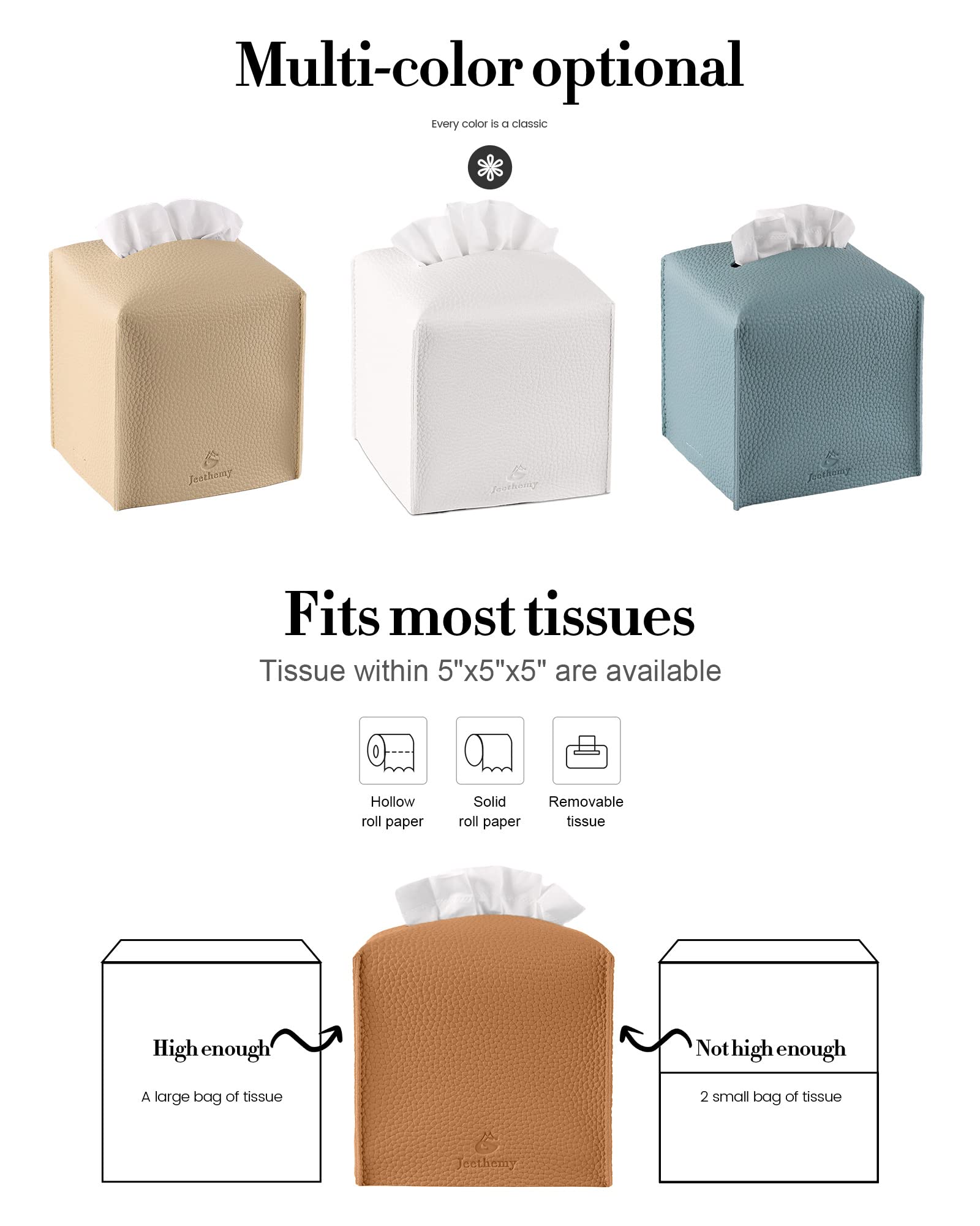 Tissue Box Cover, Jeethemy Square PU Leather Tissue Box Holder, Modern Tissue Case Facial Paper Organizer Dispenser,5X5X5'',Single Brown
