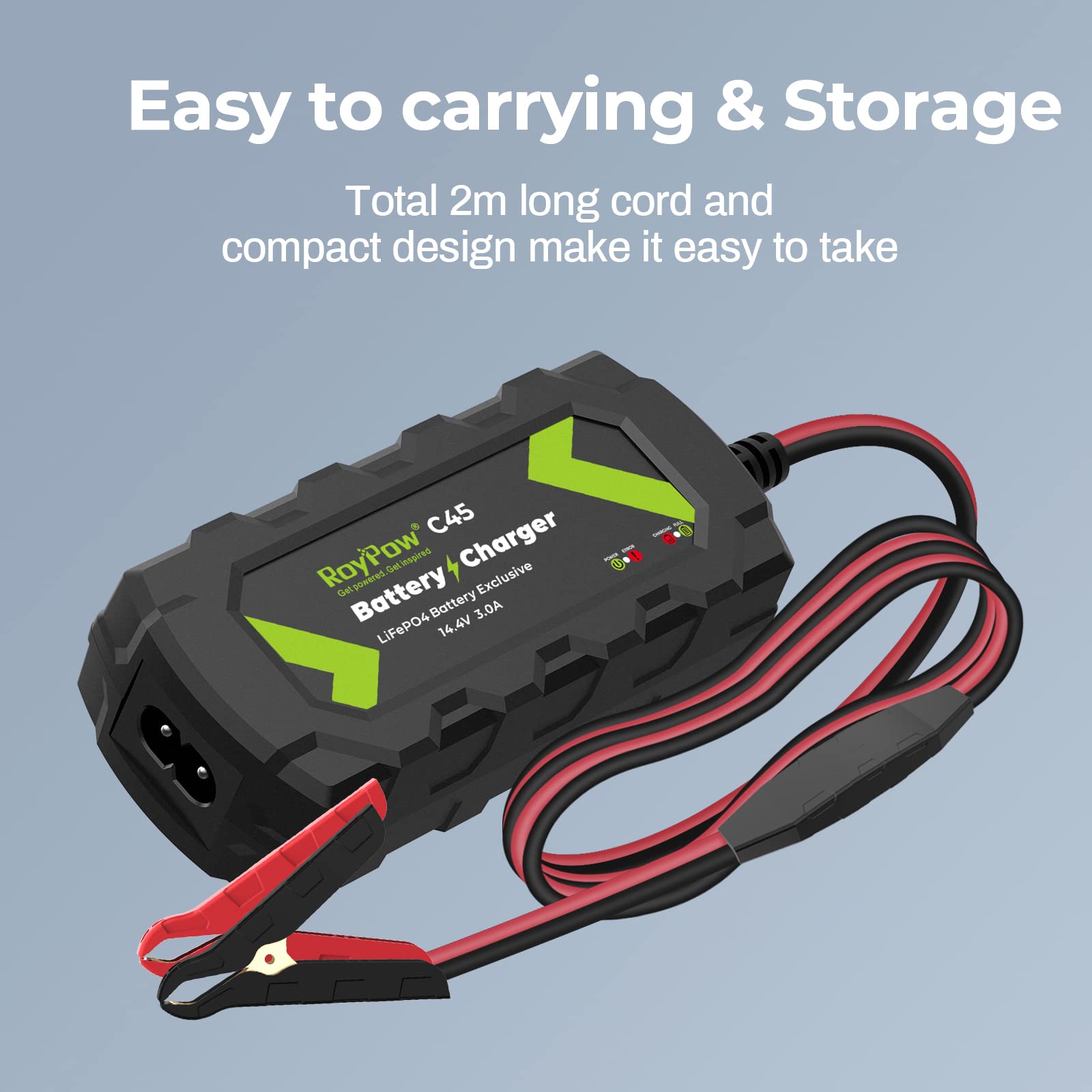 RoyPow 12V Battery Charger 3-Amp Automatic Smart Battery Maintainer, Trickle Charger, and Battery Desulfator with Alligator Clamp and Ring Terminal