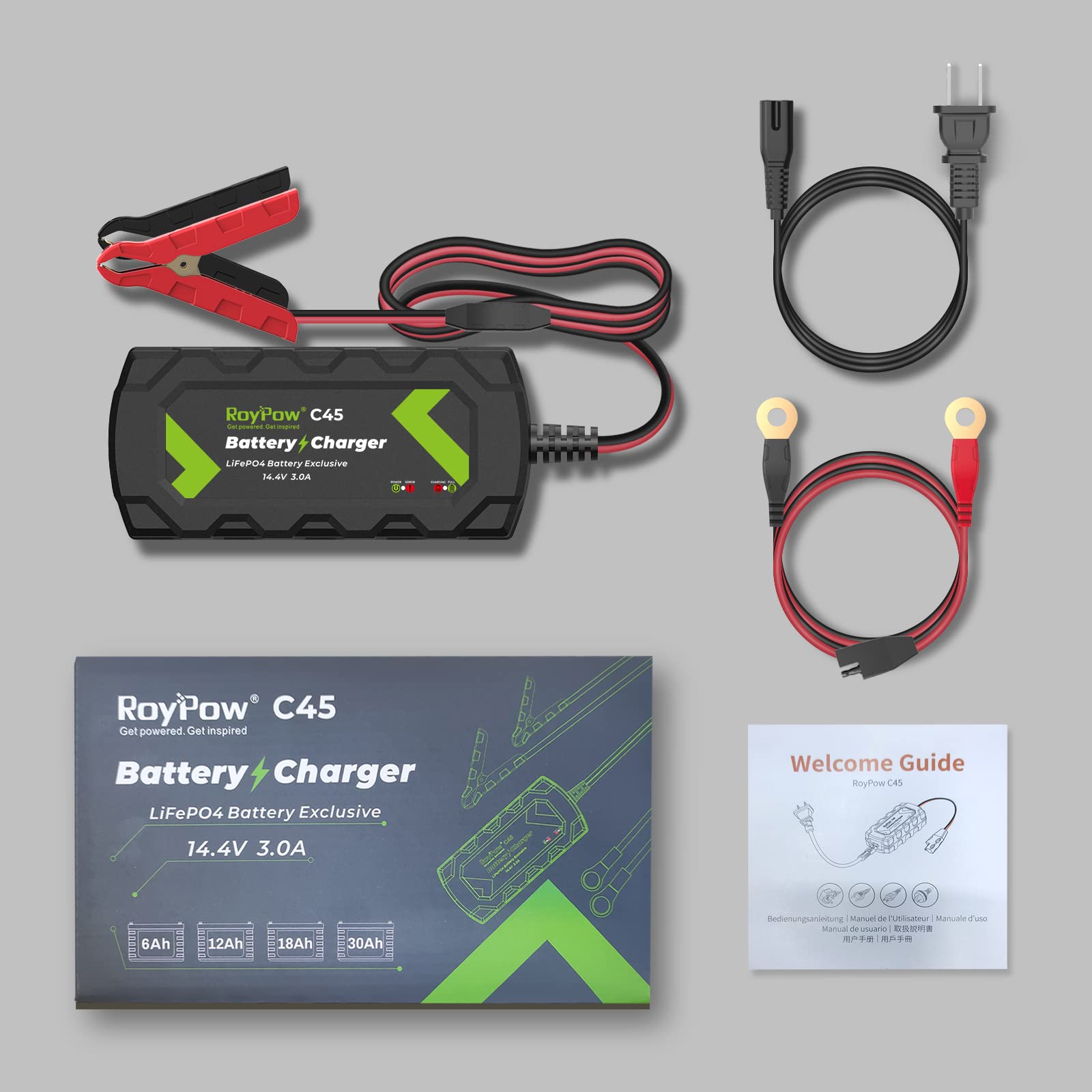 RoyPow 12V Battery Charger 3-Amp Automatic Smart Battery Maintainer, Trickle Charger, and Battery Desulfator with Alligator Clamp and Ring Terminal