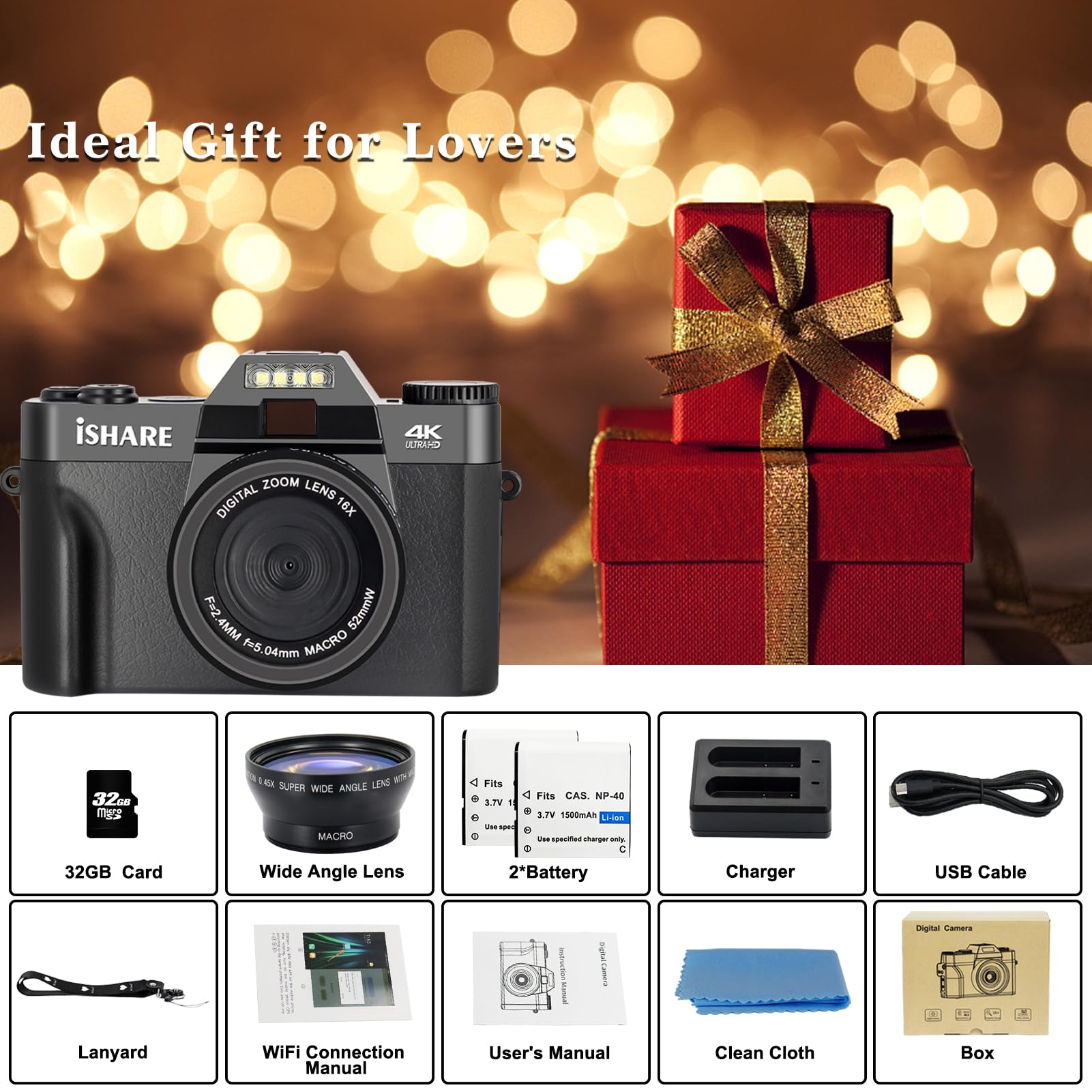 ISHARE Digital Camera for Photography, 4K 48MP Vlogging Camera for YouTube with WiFi, 3-inch 180-degree Flip Screen, 16X Digital Zoom, 52mm Wide Angle & Macro Lens, 32GB TF Card and 2 Batteries
