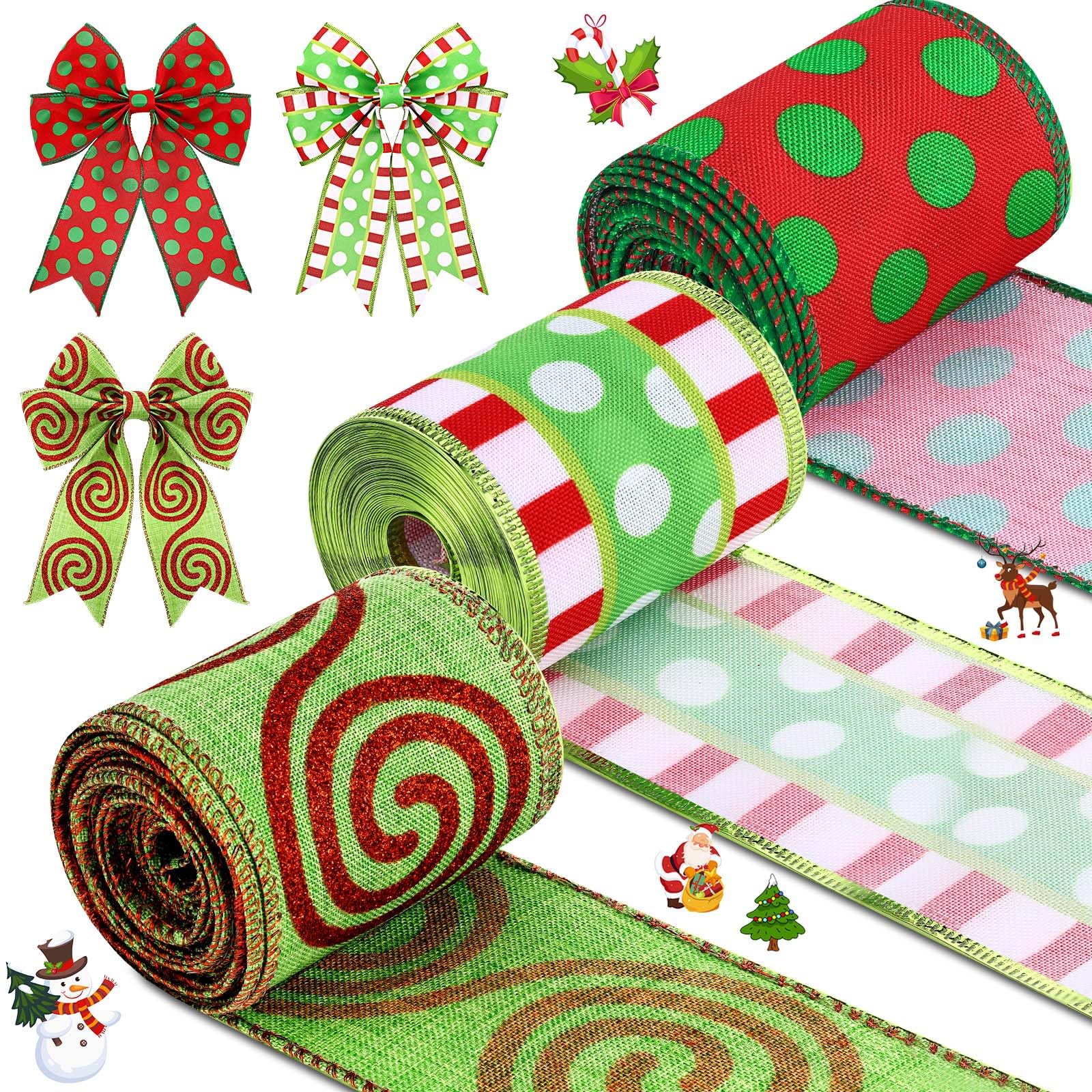 3 Rolls Christmas Wired Ribbon 30 Yard Red and Lime Green Christmas Wrapping Ribbon 2.56 in Wide Polka Dot Swirl Fabric Ribbons Xmas Decorative Ribbons for DIY Crafts Tree Ornaments