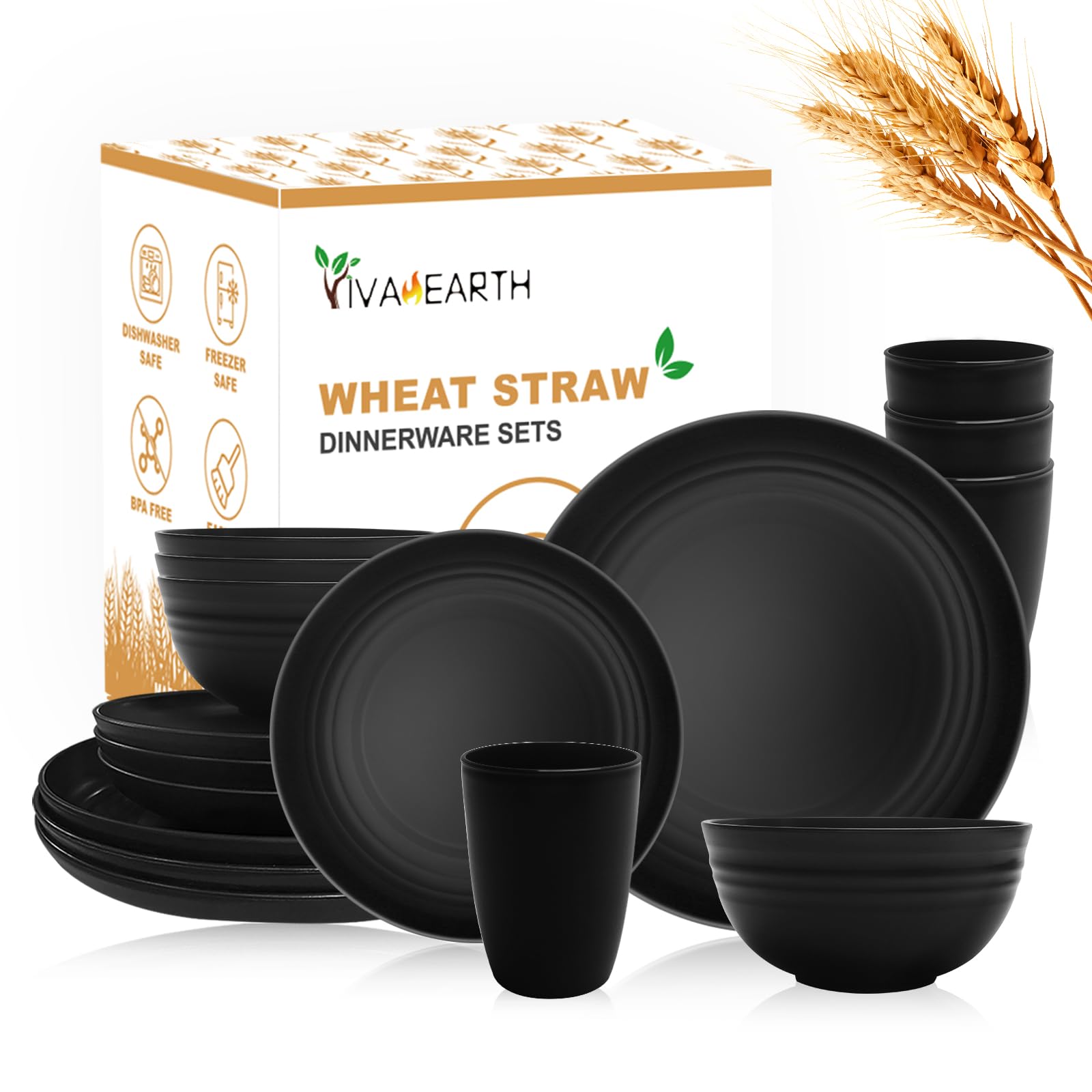 VIVAHEARTH 16-Piece Wheat Straw Dinnerware Sets, Dishes Set for 4, Unbreakable Plates, Bowls, Cups Sets for Kitchen Parties Camping RV - Black
